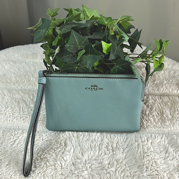 Coach | Bags | Coach Light Blue Pebbled Leather L Shaped Zip Wristlet ...